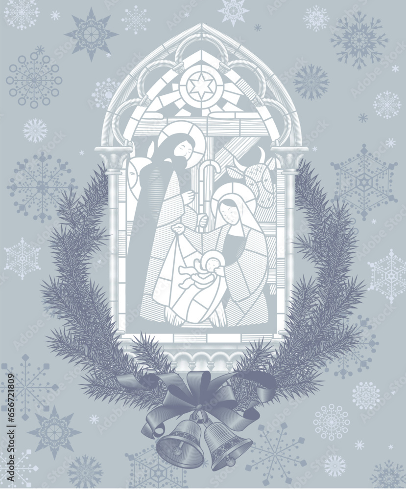 Linear drawing of the scene of the birth of Jesus Christ in a classic ...