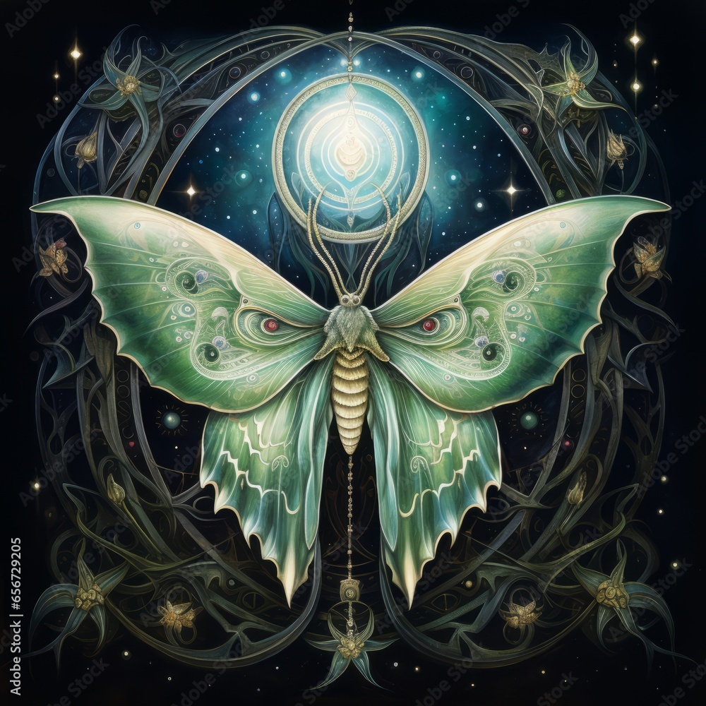 In a moonlit realm a Luna Moth glides before the hermetic moon's face ...