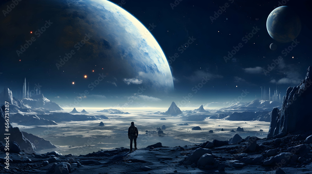 1955, moon landing, sci-fi, 8k, photorealistic, no atmosphere, earth in ...