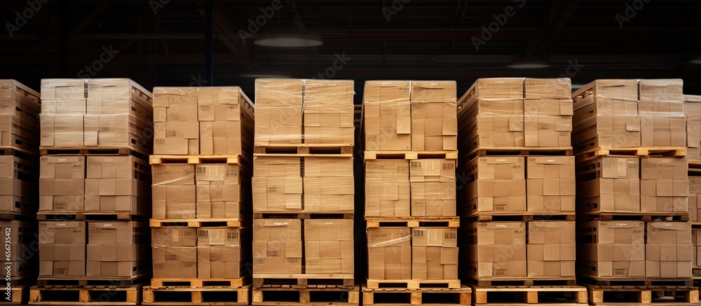 Cardboard boxes wrapped in plastic stored on pallet racks Interior of a ...
