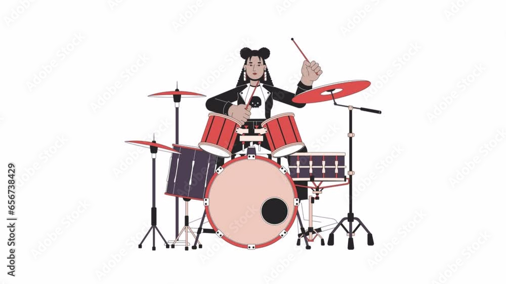 Vidéo Stock Female drummer rocker line cartoon animation. Rocker ...
