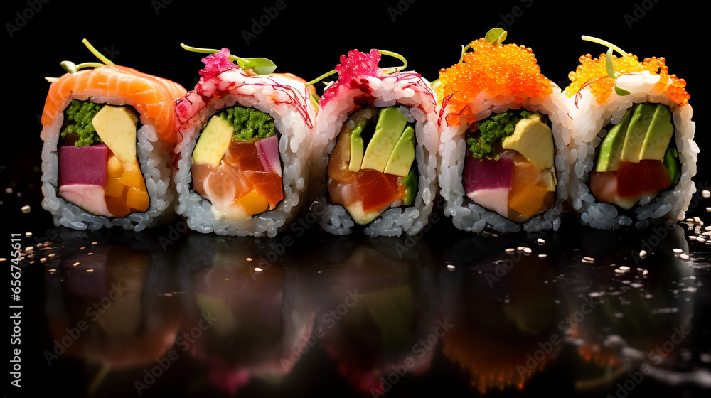 Maki rolls cut in half, displaying the colorful ingredients inside ...