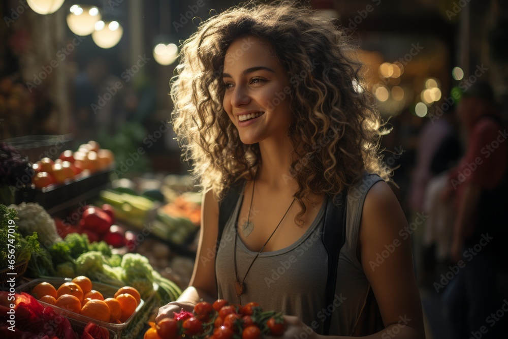 Woman shopping in a bustling local market, immersed in vibrant colors ...