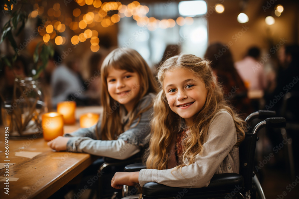 Friendship of girl and disabled female in wheelchair smiling looking at ...
