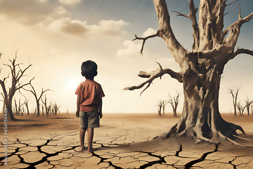 child with frightened expression, on dry and cracked land, without ...