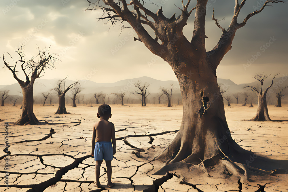 child with frightened expression, on dry and cracked land, without ...