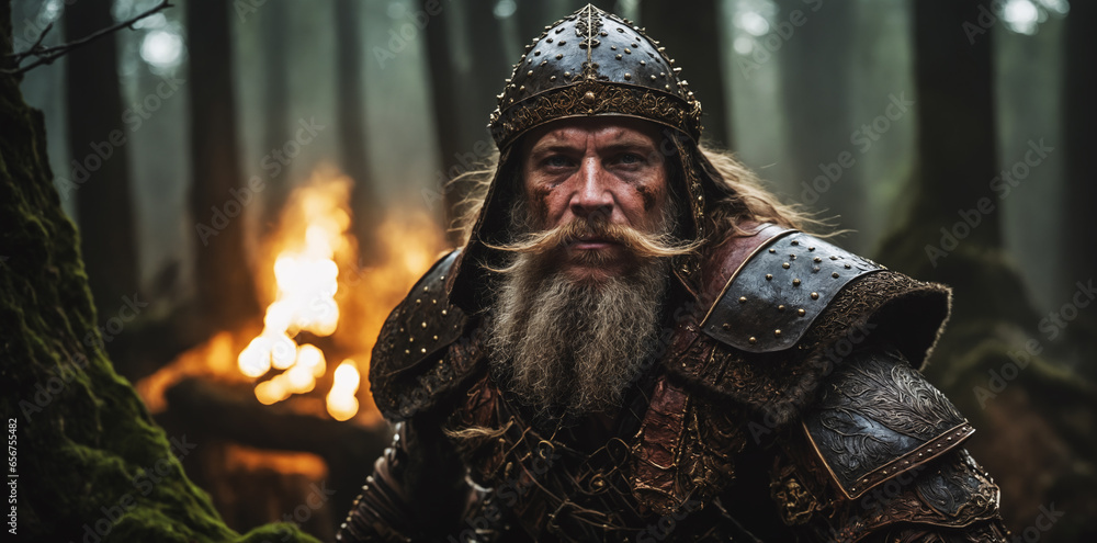 A fierce dwarf warrior with a wild, enraged expression in the woods ...