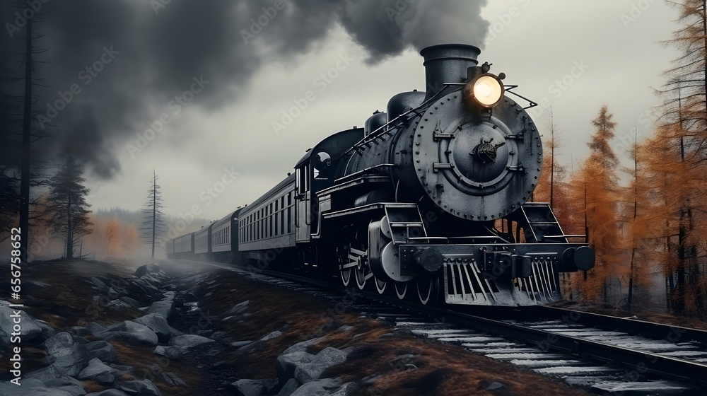 Photo antique steam locomotive, vintage train, sunset and forest ...