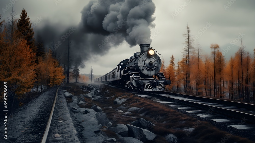 Fotografie, Obraz antique steam locomotive, vintage train, sunset and ...