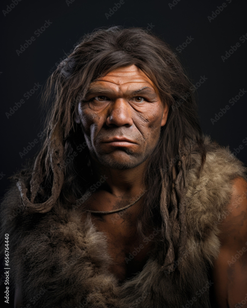 Set against the backdrop of a vast savanna, a Neanderthal with a ...