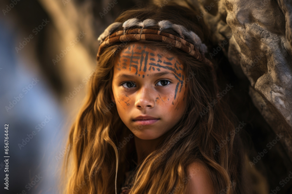A young Neanderthal girl, her long braids adorned with colorful ...