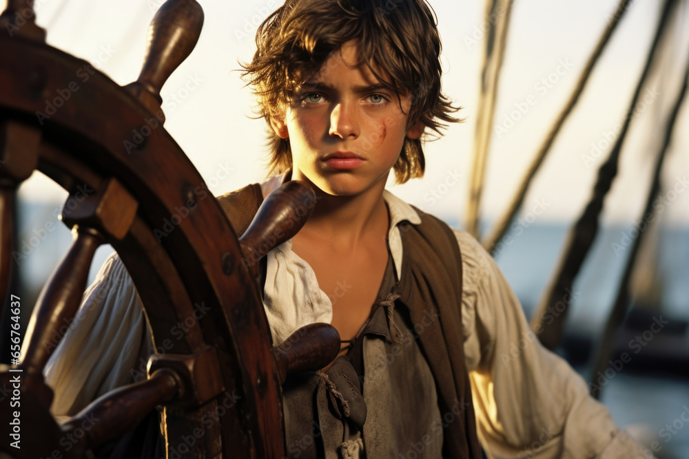 A young pirate, freshfaced and full of vigor, can be seen aboard a ...