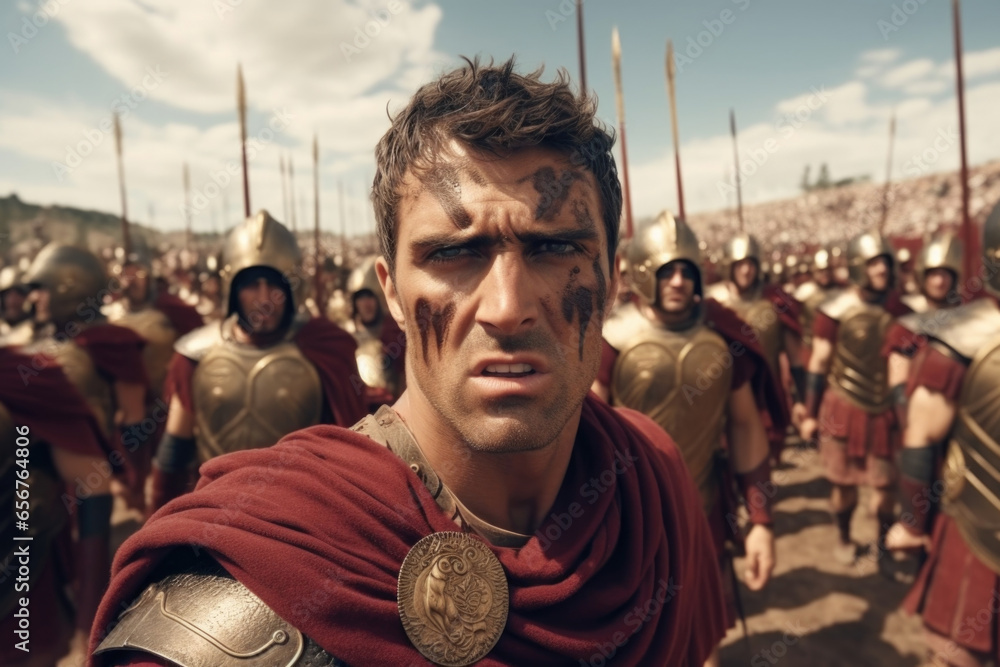 In the courtyard of a Roman military camp, a legionnaire trains ...