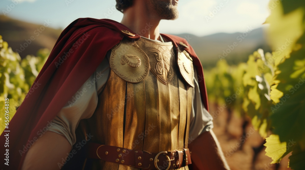 Walking through a vibrant vineyard, a Roman legionnaire, insignia ...