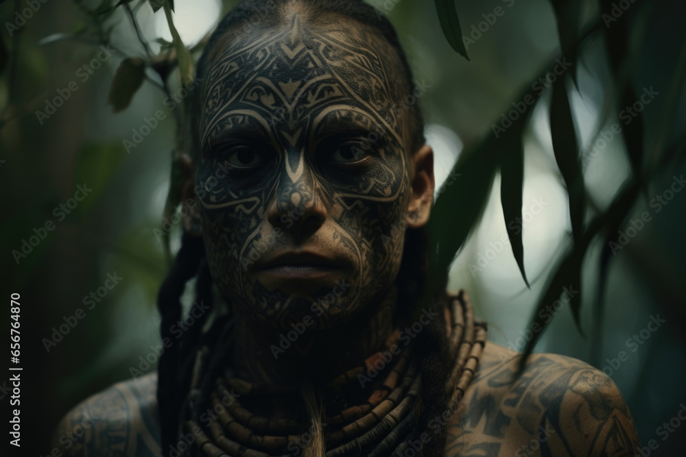 Ast dense foliage, a tribesman with a tattooed face observes his ...