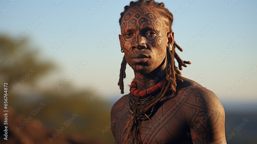 A tribesman, marked with intricate scarification, stands proudly on a ...