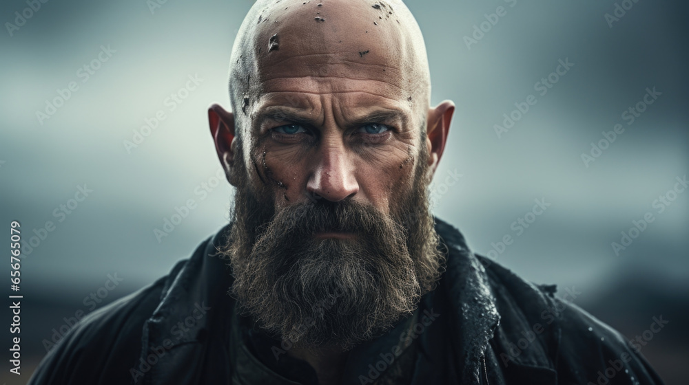 A stoic and imposing presence, his bald head and bushy beard creating a ...