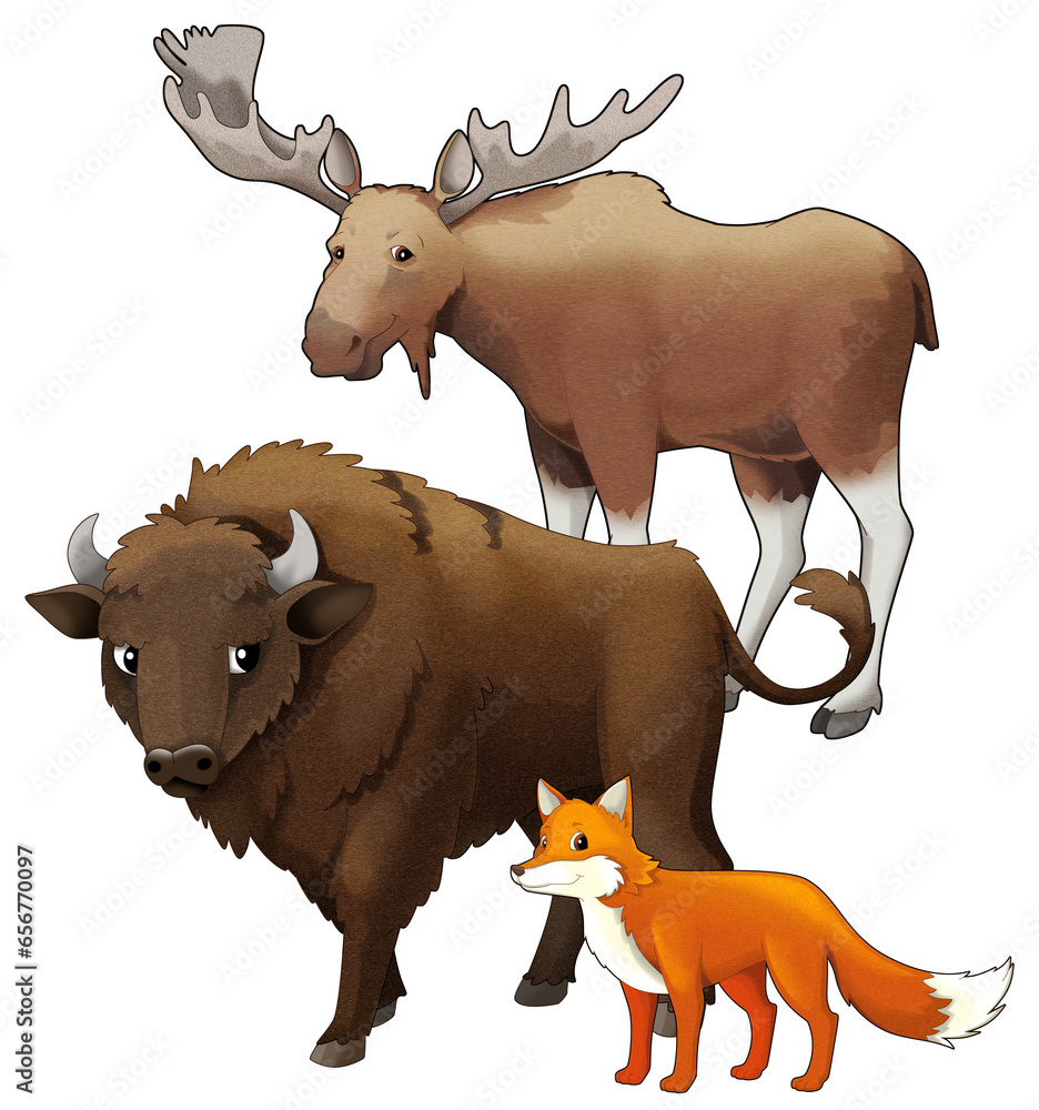 Cartoon wild animal bison aurochs and fox with moose isolated ...