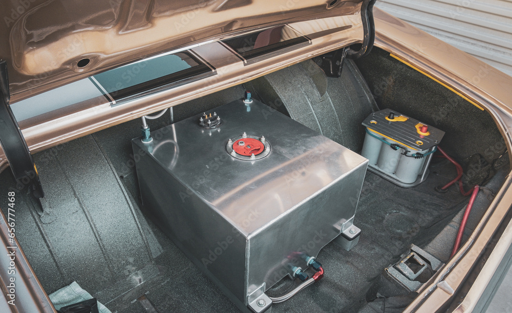 Interior of modified truck of street legal drag racing car with tubbed ...