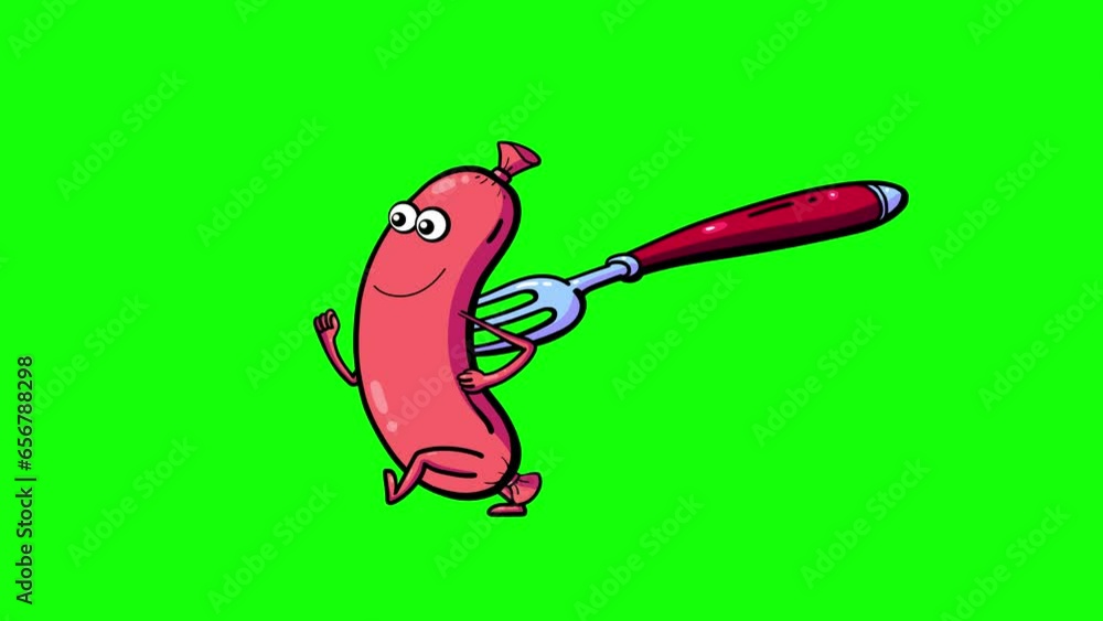 Walking cartoon sausages with fork greenbox. Fast food character steps ...