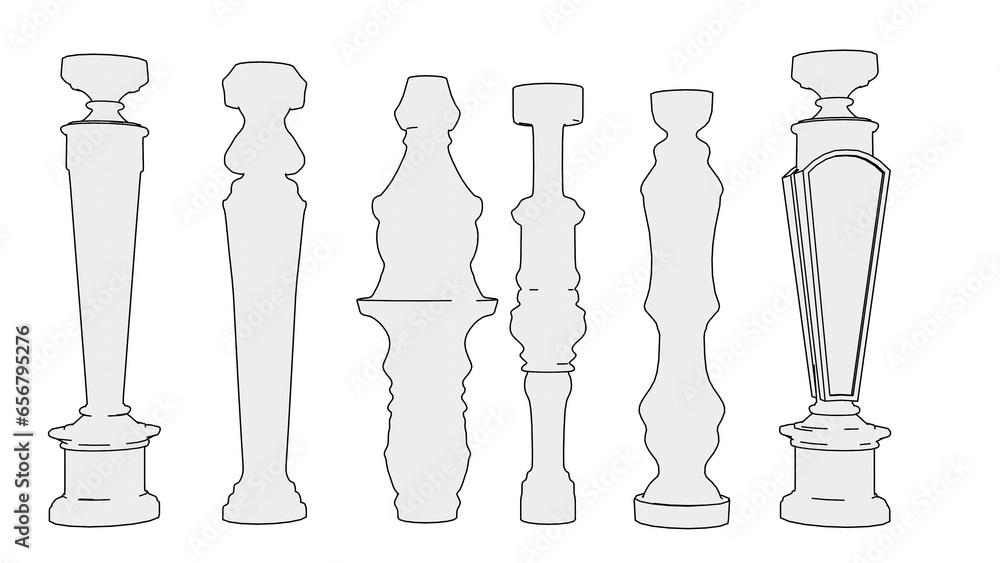 A close up of several different types of wooden balustrades, 2D Models ...