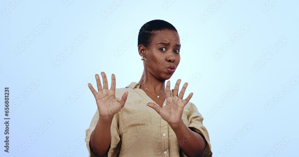 Woman, shocked and confused with hands, face and omg for fake news ...