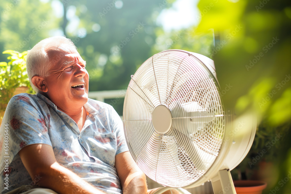 Senior man cooling by the fan outside on a hot summer day, heat ...