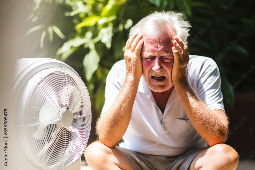Senior man cooling by the fan outside on a hot summer day, heat ...