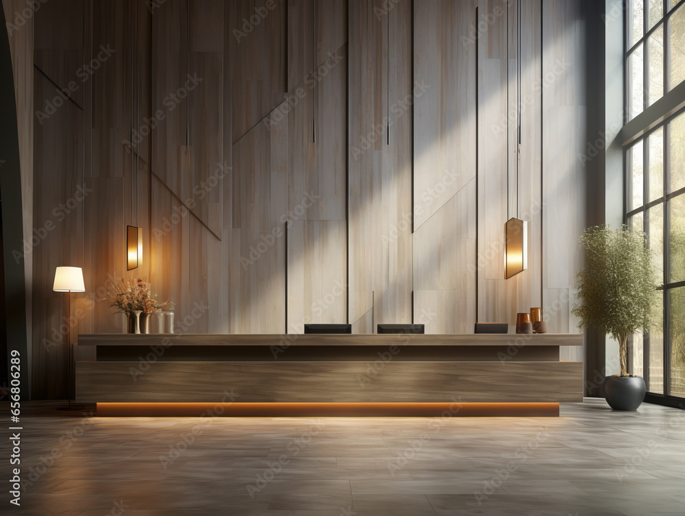 Interior of luxury hotel reception hall with wooden walls, concrete ...