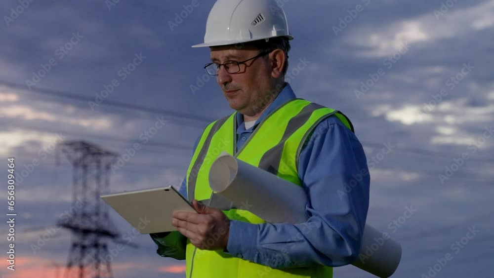 Engineer builder, power engineer works on power lines using computer ...