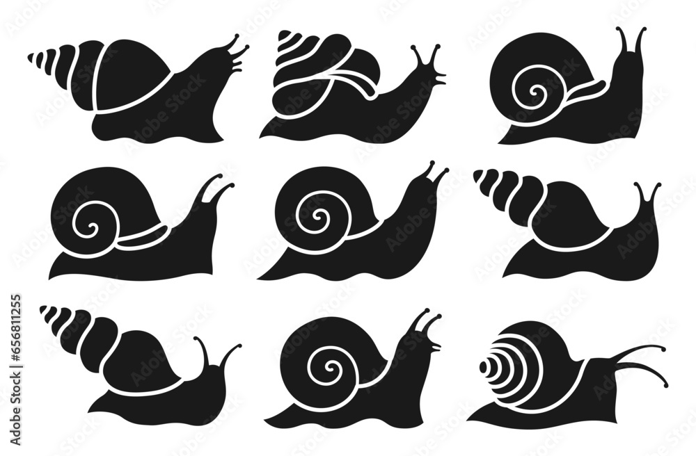 Snail child silhouette icon set. Funny baby simple symbol spiral snails ...
