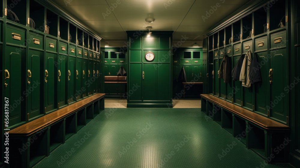 Green lockers in generic locker room with wooden bench Stock Photo ...