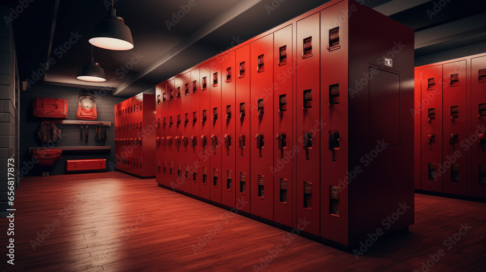 Red lockers in generic locker room with wooden bench Stock Photo ...