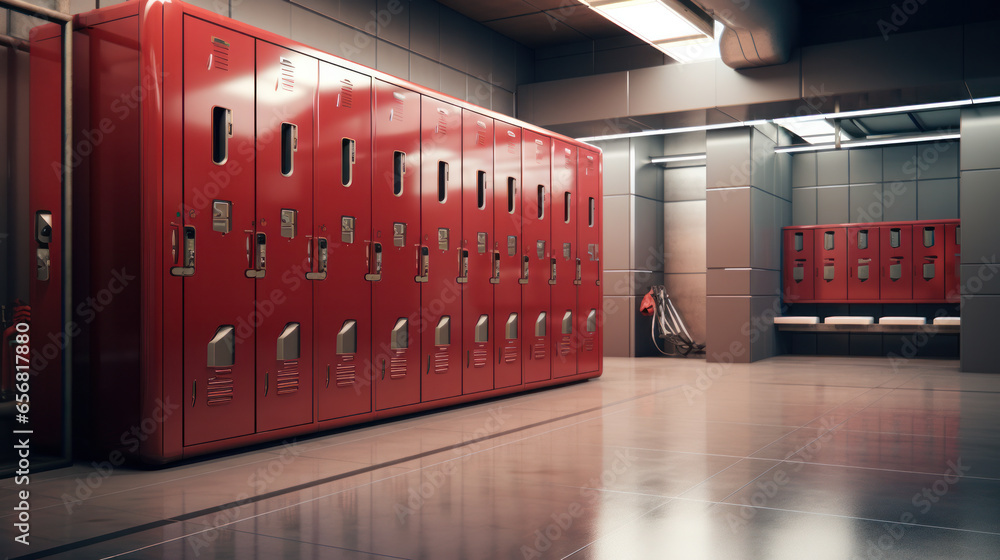 Red lockers in generic locker room with wooden bench Stock Photo ...
