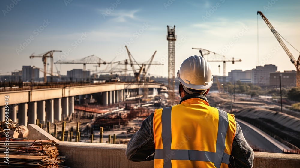 A real photo of The back of a male foreman inspects various objects at ...