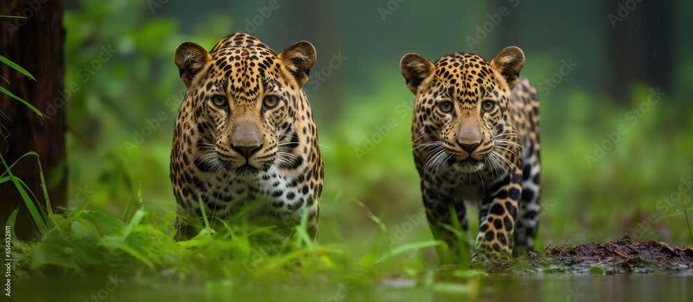 Male leopards in the Indian jungle during monsoon season Panthera ...