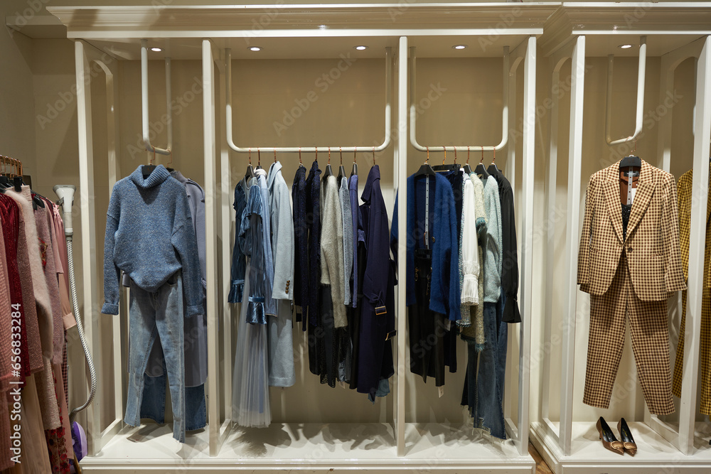 SHENZHEN, CHINA - NOVEMBER 29, 2019: apparel on display inside A/E ...