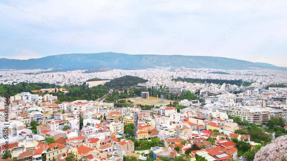 Athens Greece street cityscape high angle aerial Acropolis view on roof ...