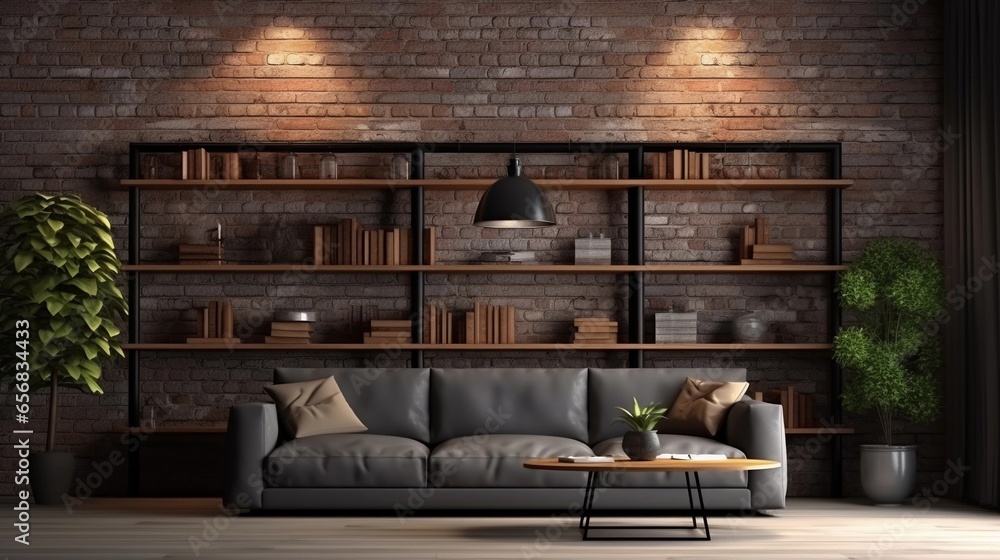 Living room furniture display with space for text and wooden and brick ...