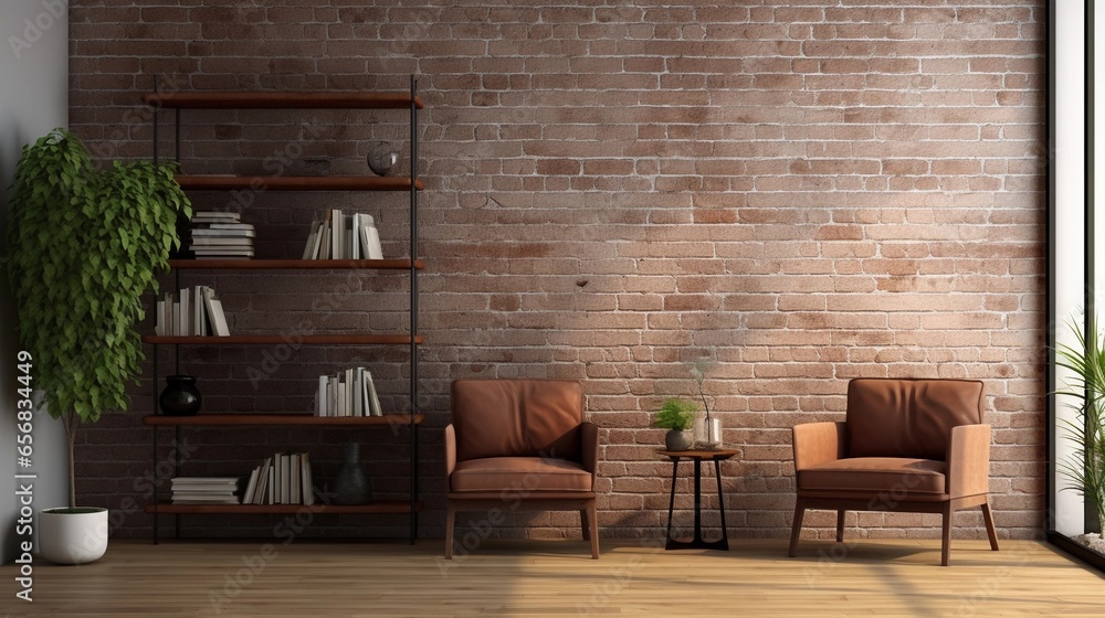 Living room furniture display with space for text and wooden and brick ...