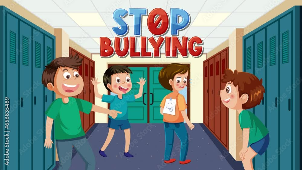 School hallway background with stop bully sign and boy students ...