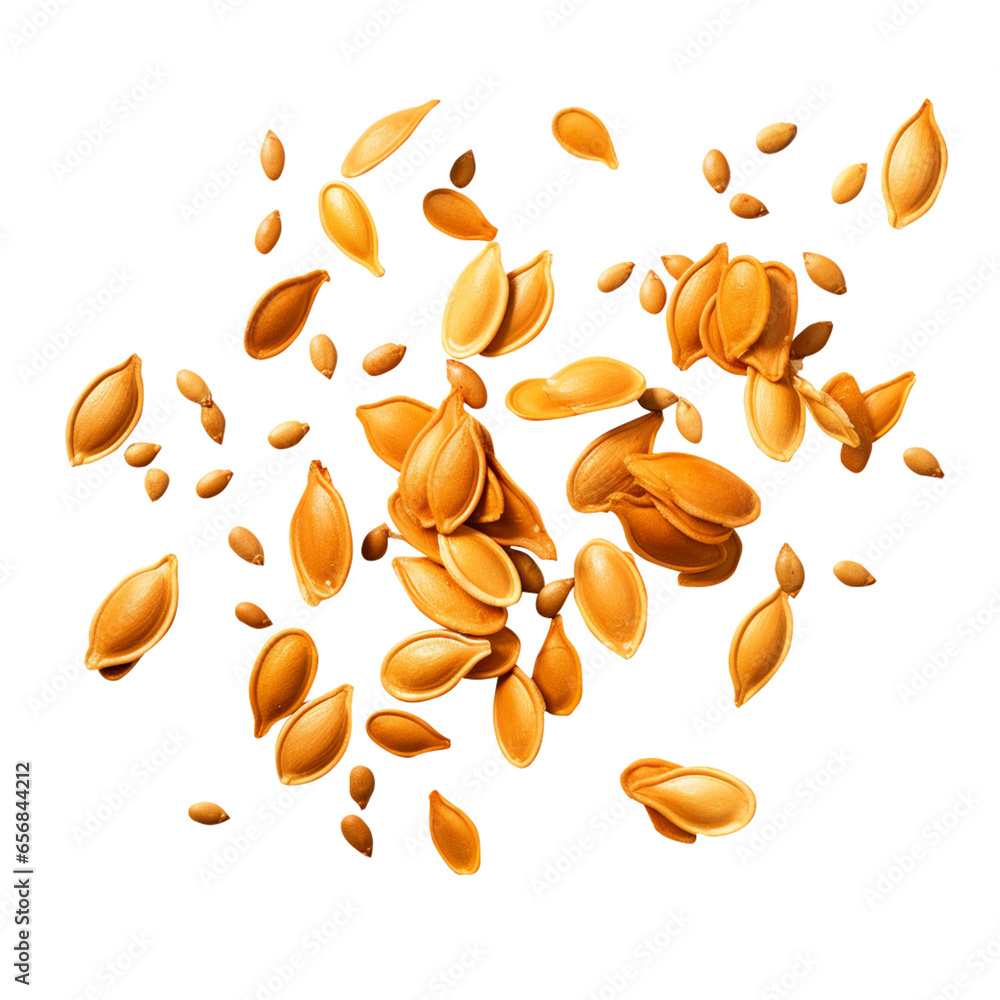 pumpkin seeds flying, heap of pumpkin seeds drooping isolated on ...