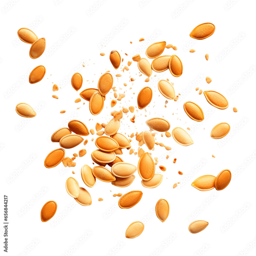 pumpkin seeds flying, heap of pumpkin seeds drooping isolated on ...
