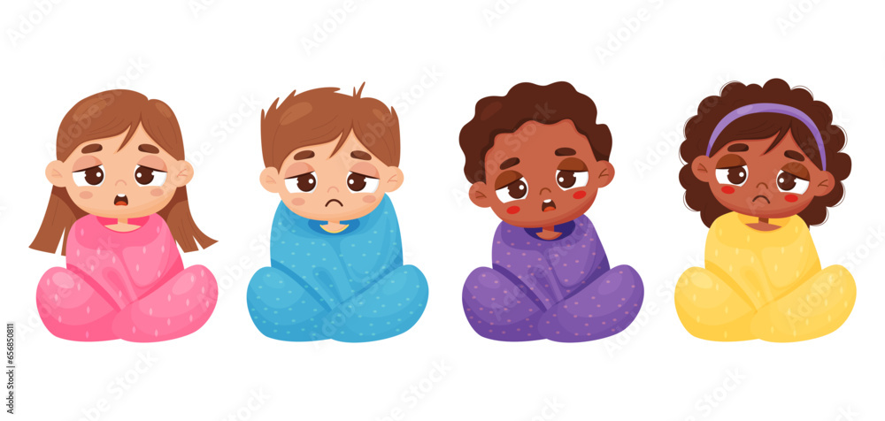Collection sad diversity boys and girls wrapped in blanket. Sick ...