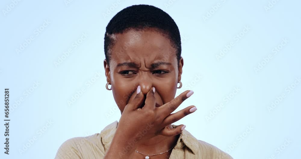 Woman, face and pinch nose for stink or bad smell, reaction and odor in ...