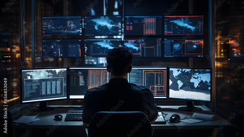 Back View in the System Control Center Operator Working. Multiple ...