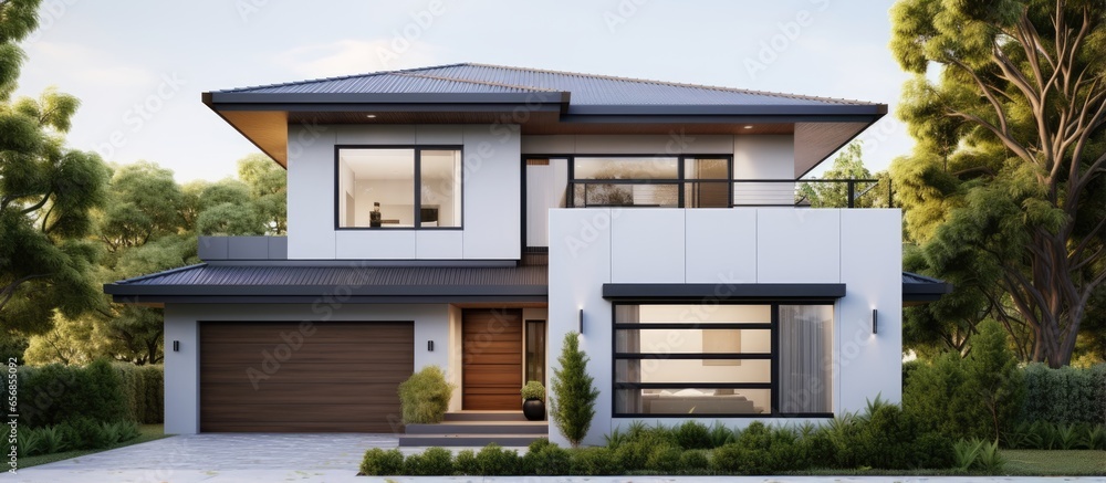 Contemporary two story house with angular roof and balcony Stock Photo ...