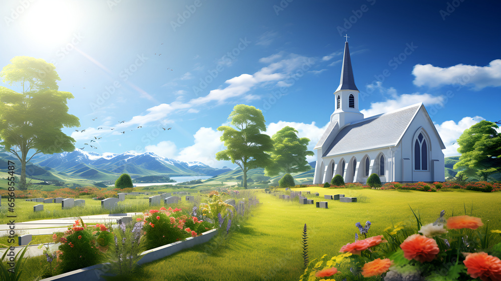 Radiant Church Bathed in Sunlight with the front of greenery and flower ...