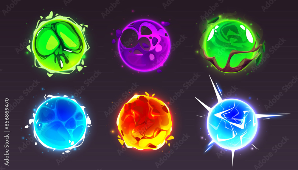 Magical game orbs with glowing neon effect. Cartoon vector illustration ...
