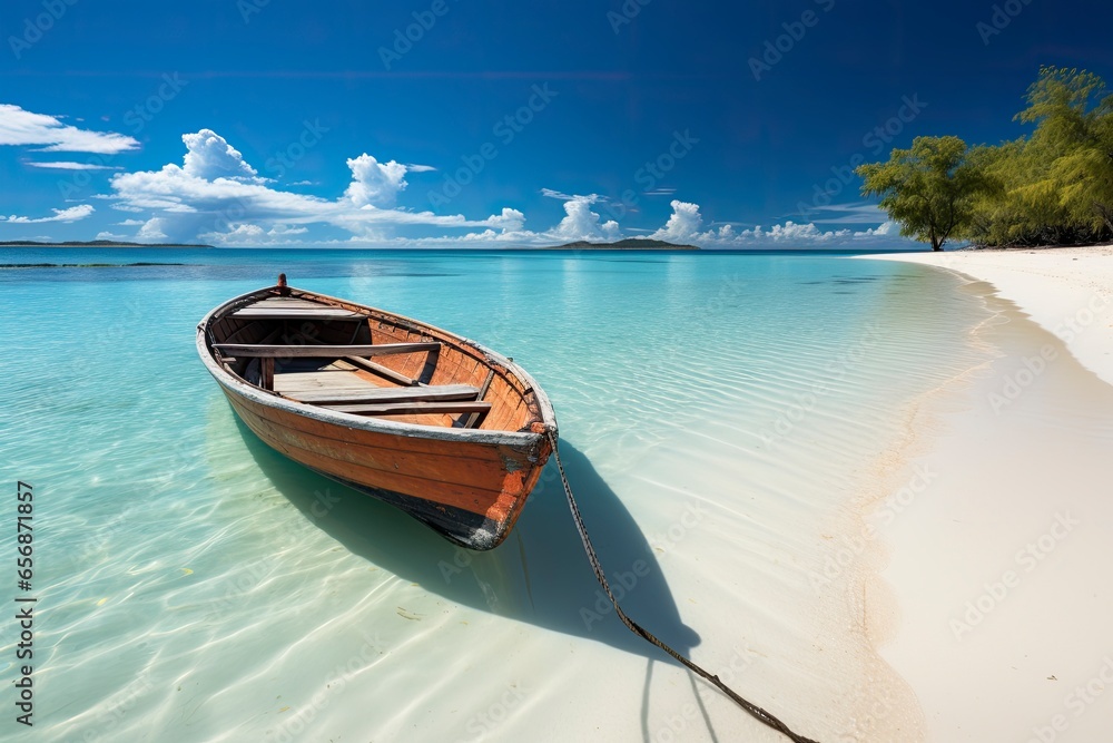 Canoe on the tropical sandy beach. Beautiful summer landscape of ...
